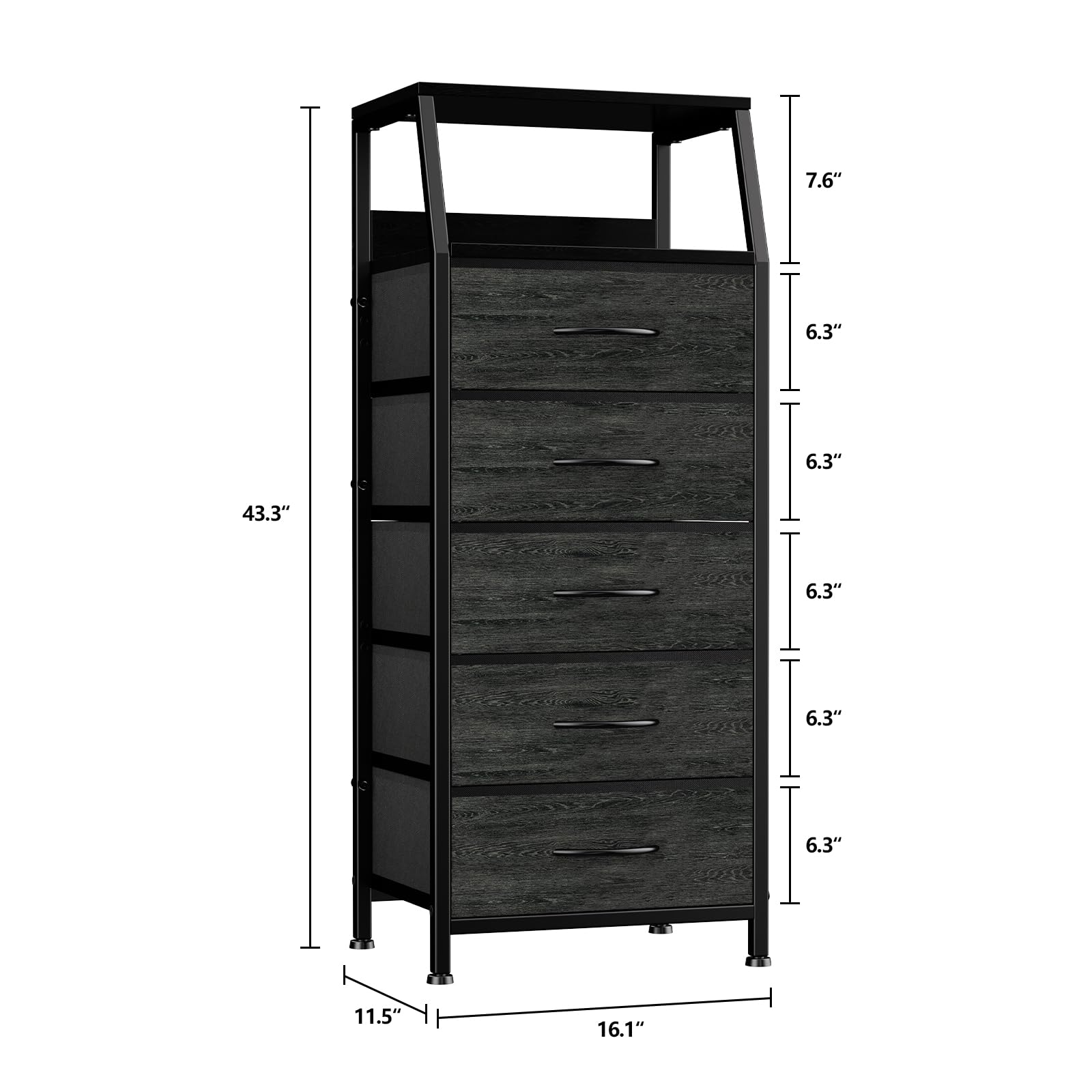 Black Dresser for Bedroom, Storage Organizer with 5 Drawers, Vertical Fabric Storage Tower, Clothes Closet Units for Kids Room, Entryway, Nightstand Bedside Table, Sturdy Steel Frame & Wooden Top