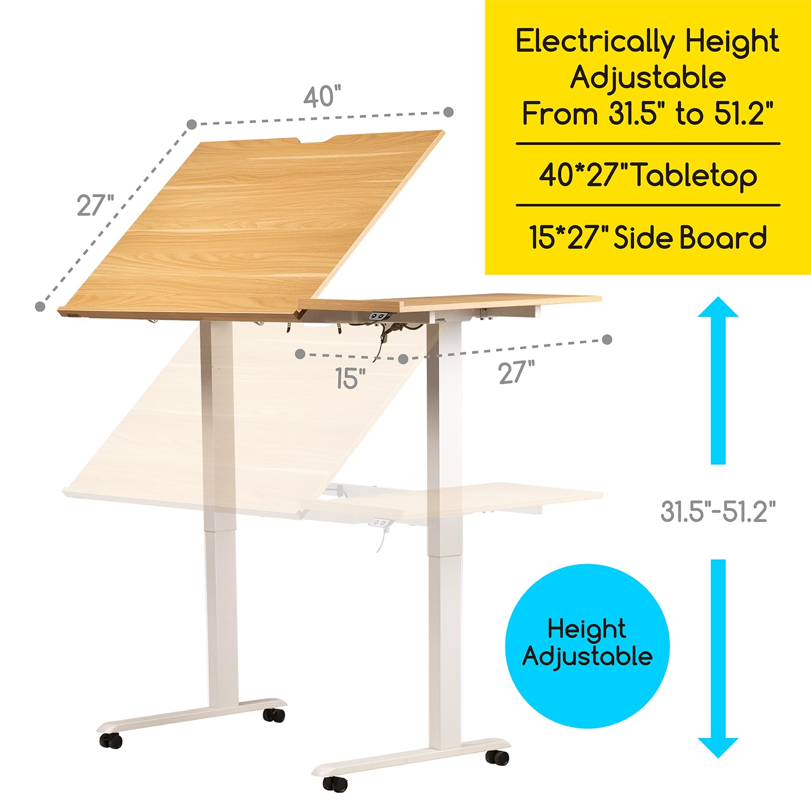 MEEDEN Height Adjustable Drafting Table - 31" to 52" Electric Drawing Desk with Large Side Board - 40 * 27" Tiltable Tabletop - Rolling Wheels - ES-6058-YM