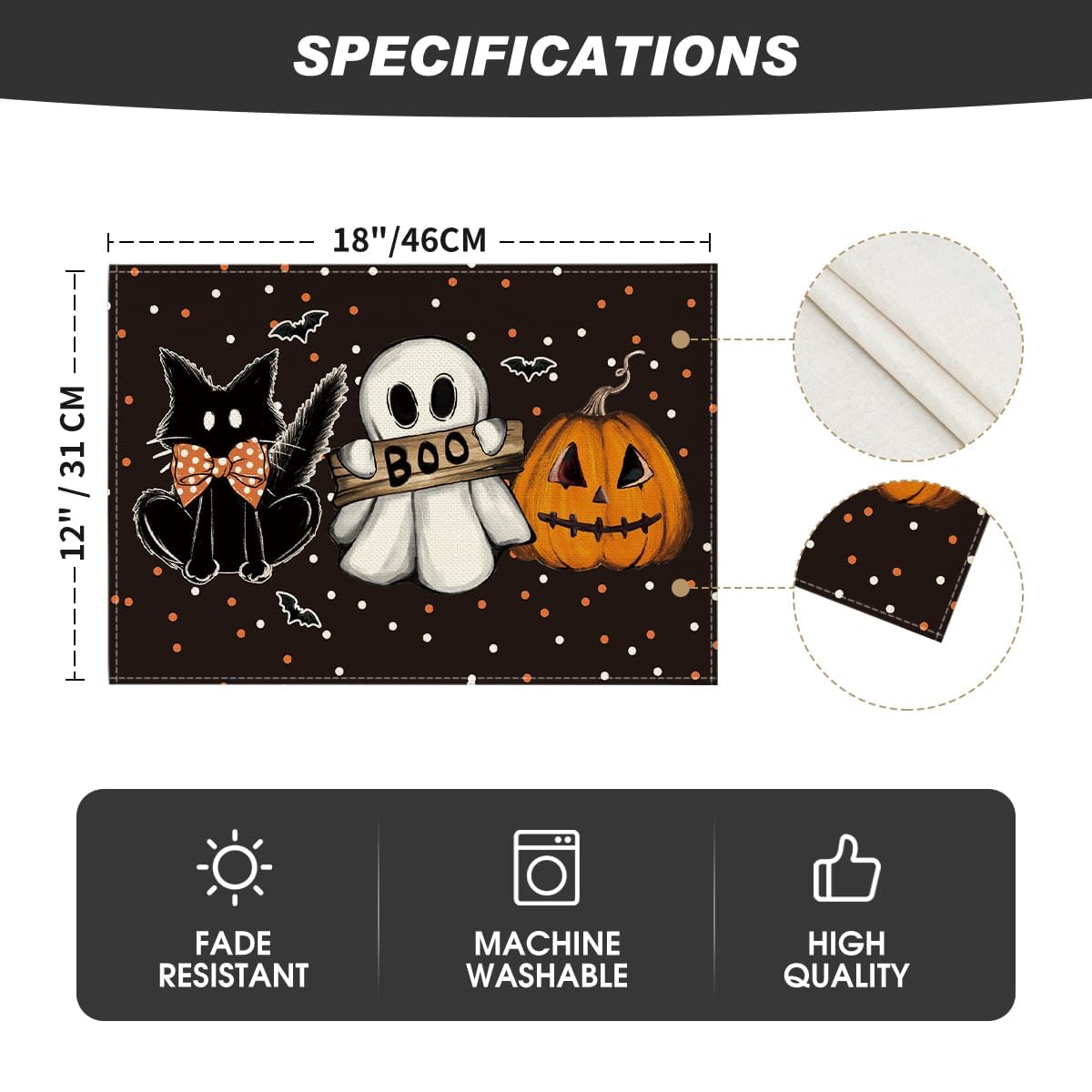 Artoid Mode Polka Dot Ghost Pumpkin Cat Boo Halloween Placemats Set of 4, 12x18 Inch Seasonal Fall Table Mats for Party Kitchen Dining Decoration