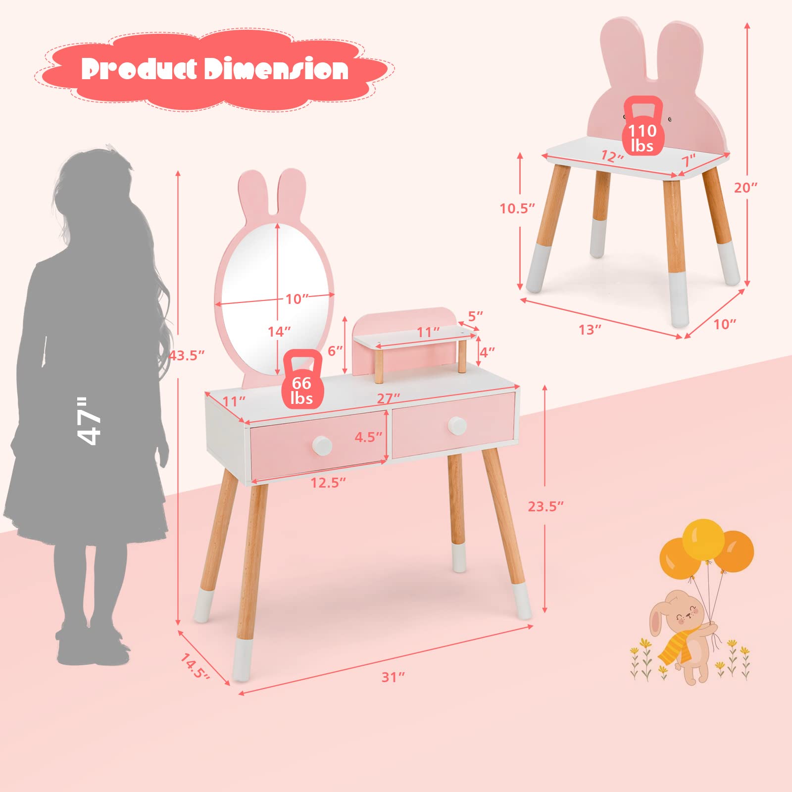 HONEY JOY Kids Vanity, Rabbit Themed Toddler Wooden Makeup Table and Chair Set w/2 Large Drawers, Beech Wood Legs, Princess Dressing Beauty Table, Girls Vanity Set with Mirror and Stool (Pink)