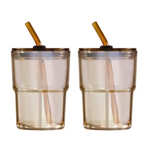 puraville 12 oz coffee cup 2pcs glass cups with lids and straws coffee mug set with insulated sleeve glass tumbler drinking jar, amber and gray