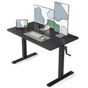 fezibo crank height adjustable desk, 48 inches manual standing desk, writing table with handle, home office desk with black frame/black table top