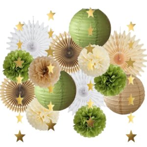 olive green and brown party decorations paper lanterns and fans olive green tissue pom poms cream with gold star garland for baby shower bridal shower wedding birthday party decorations