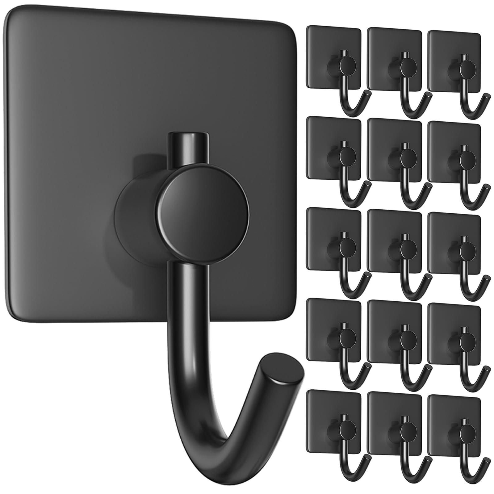 16 Pack Self Adhesive Hooks,Heavy Duty Stick On Wall and Door Hooks for Hanging,Bathroom Tower Hooks and Kitchen Hallway Sticky Black Hooks,Coat Hooks Robe Hook Wall Mounted,Stainless Rustproof