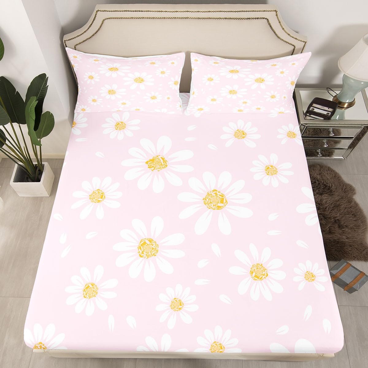 White Daisy Kids Fitted Sheet Full Size,Flowers Plants Rustic Farmhouse Bedding Set,Girls Boys Adults Room Decor,Botanical Florals Theme Bed Cover,Pink Romantic Bed Sheet,2 Pillowcases（Not Flat Sheet）