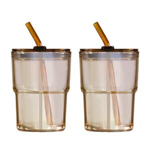 Puraville 12 oz Coffee Cup 2pcs Glass Cups with Lids and Straws Coffee Mug Set with Insulated sleeve Glass Tumbler Drinking Jar, Amber and Gray