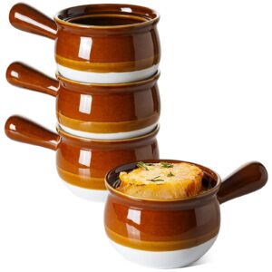 le tauci french onion soup bowls, 22 ounces ceramic soup bowls with handles for soup, cereal, chilli, beef stew, soup crocks oven safe and stackable, set of 4