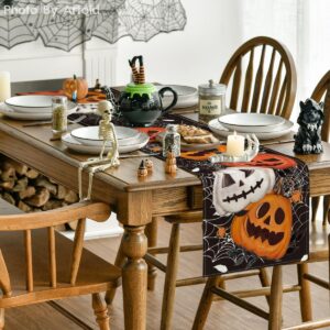 Artoid Mode Black Pumpkins Spider Web Halloween Table Runner, Seasonal Fall Kitchen Dining Table Decoration for Home Party Decor 13x72 Inch