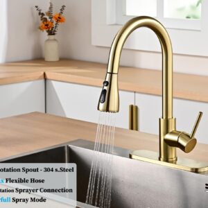 Havin Gold Kitchen Faucet with Pull Down Magnetic Sprayer, High Arc Stainless Steel Material, with cUPC Ceramic Cartridge,Fit for 1 and 3 Holes Kitchen Sink