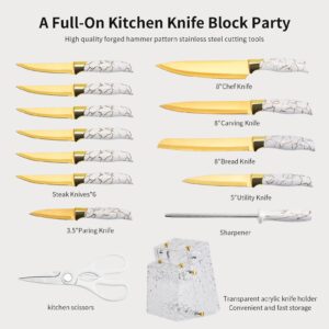 Kitchen Knife Set Non Stick Knives with Block, Serrated Steak Knife, Chef Knife, Bread Knife, Scissors, Sharpener, 14Pcs Stainless Steel Ultra-Sharp Cutlery Block Sets with Titanium Coated Blade