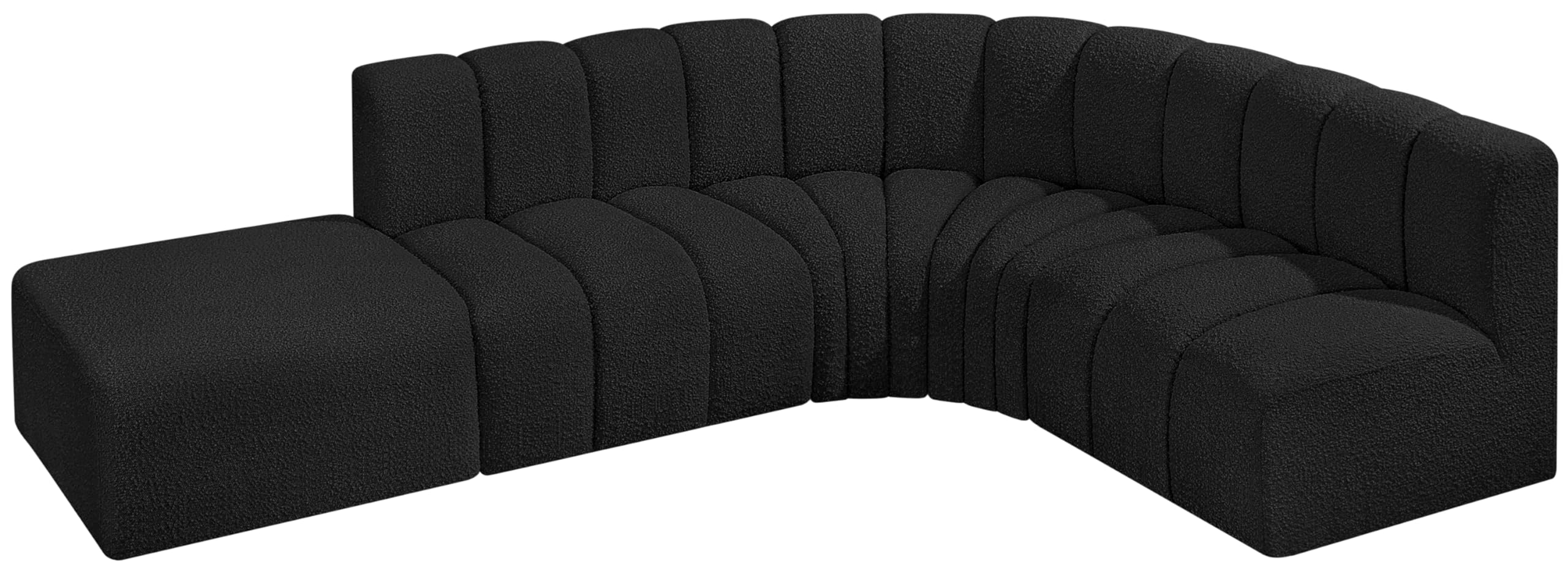 Meridian Furniture 102Black-S5C Arc Collection Modern | Contemporary Modular Sofa with Rich Black Boucle Fabric, Deep Channel Tufting, Modular Design, 127" W x 61" D x 30" H, Black