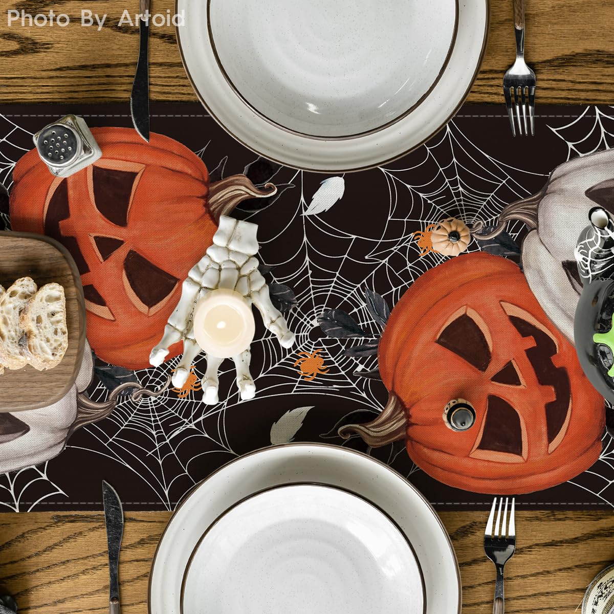 Artoid Mode Black Pumpkins Spider Web Halloween Table Runner, Seasonal Fall Kitchen Dining Table Decoration for Home Party Decor 13x72 Inch