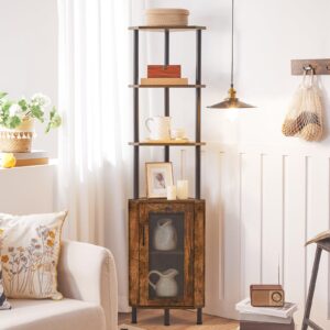 hoobro corner shelf with storage, 64.8" tall industrial corner cabinet, 5-tier corner bookshelf with doors, corner display cabinet plant stand, display shelves rack for home, rustic brown bf164cj01