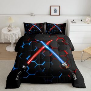 neon red blue lightsaber bedding set twin size geometric honeycomb comforter set 2pcs for kids girls boys teens room decor fashion games quilt set black 3d hexagon duvet insert,1 pillowcase