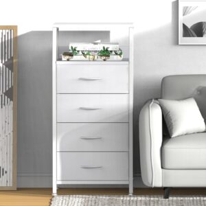 Dresser with 4 Drawers, Fabric Storage Tower for Bedroom, White Clothes Storage Drawers, Vertical Closet Organizer for Kids Room, Entryway, Nightstand Bedside Table, Sturdy Steel Frame & Wooden Top