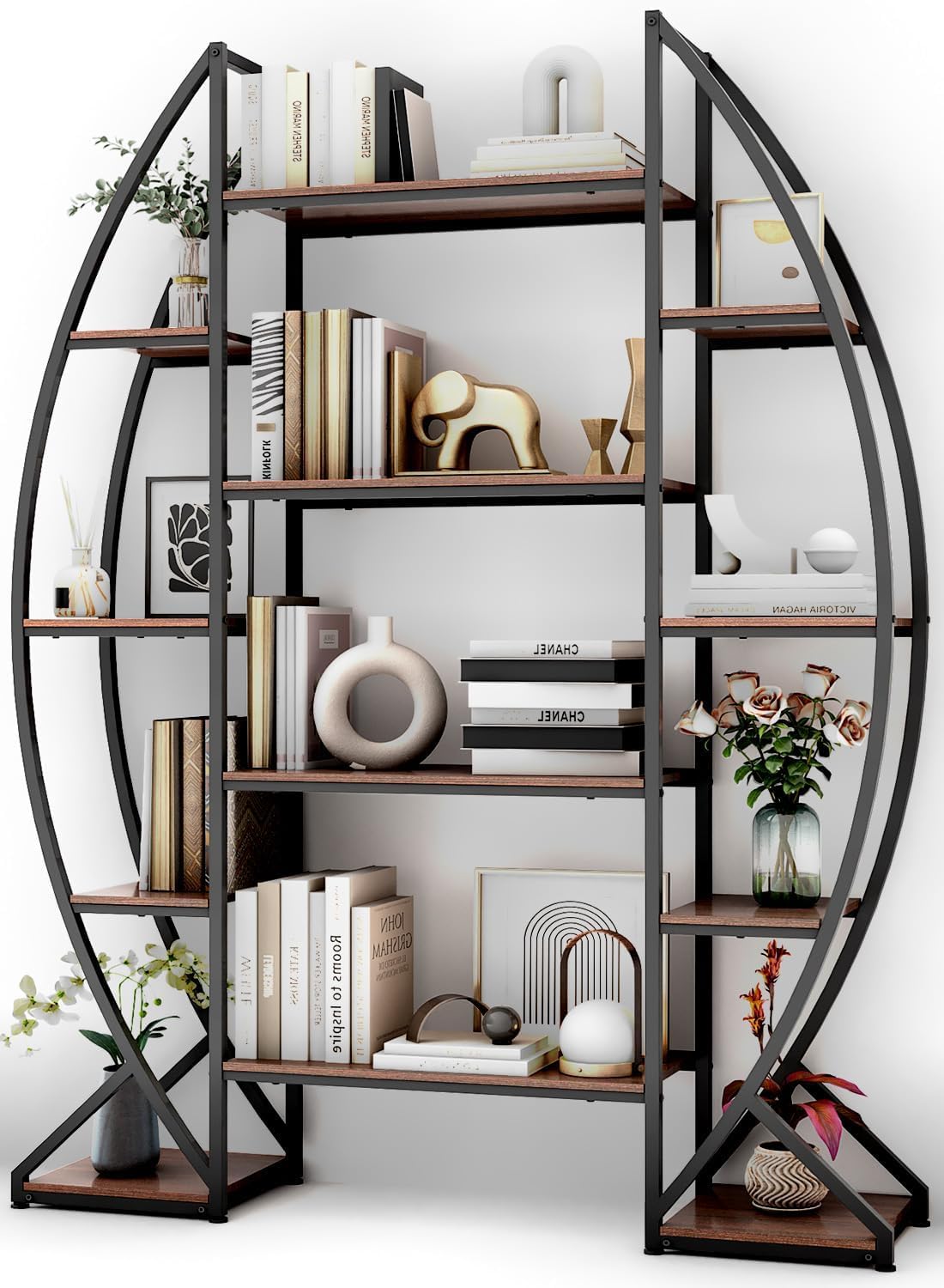 Moozerka Large Oval Bookshelf, 70“ Tall Open 5 Tier Industrial Bookcases, Modern Etagere Bookcase Furniture, Wall Units for Living Room, Bookshelves Display Shelves for Office