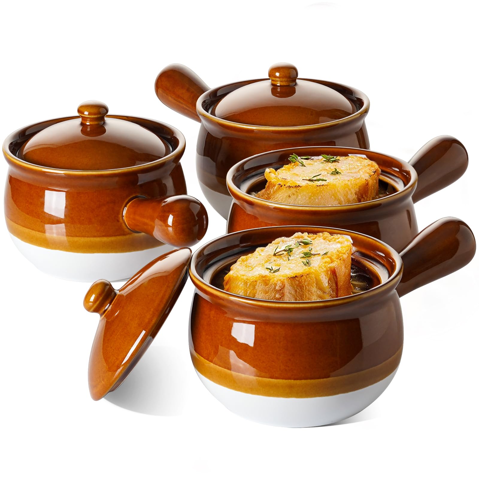 LE TAUCI French Onion Soup Bowls, 22 Ounces Soup Bowls with Handles, Soup Bowls with Lids for Soup, Cereal, Chilli, Beef Stew, French Onion Soup Crocks Oven Safe, Stackable Serving Bowls Set, Set of 4