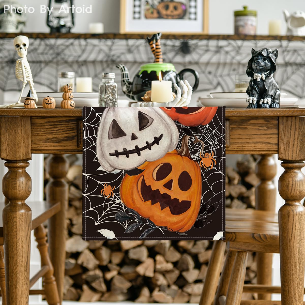 Artoid Mode Black Pumpkins Spider Web Halloween Table Runner, Seasonal Fall Kitchen Dining Table Decoration for Home Party Decor 13x72 Inch