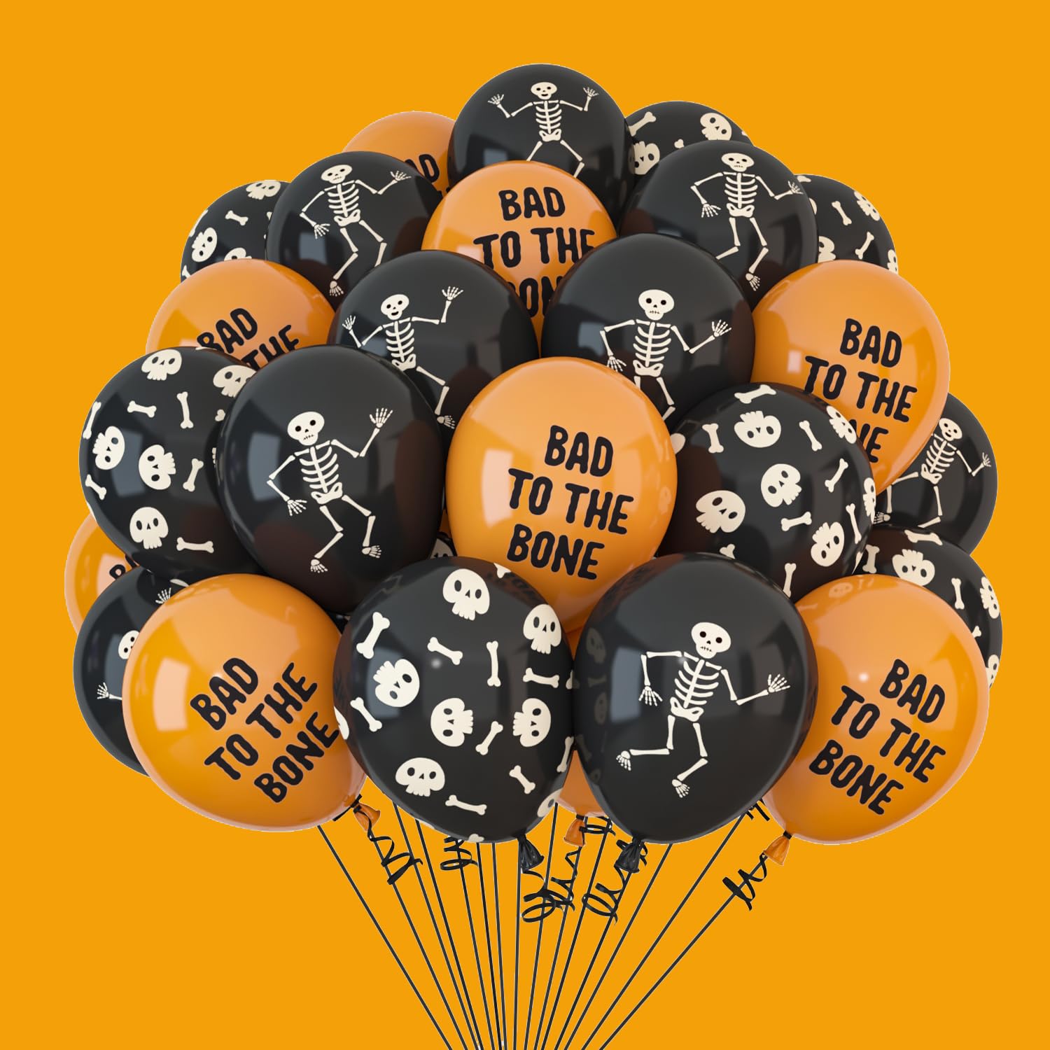 HOUSE OF PARTY 50pcs Halloween Skeleton Balloons | 12inch Black Orange Skull Latex Balloon Day of The Dead Party Supplies | Halloween Party Balloons for Malls, Bars, Homes Halloween Party Decorations