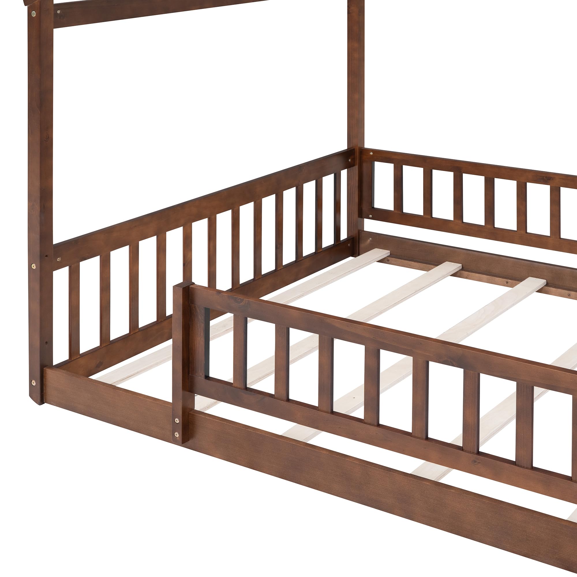 BestLM Full Size Wooden House Bed for Kids, Wood Platform Bed Frame with Fence, Roof, and Safety Guardrail for Kids, Teens, Girls, Boys, Walnut