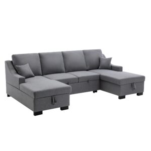 LUMISOL U Shape Sleeper Sectional Sofa, Convertible Sofa Bed with Double Storage Chaise, Modern Upholstered Sofa Couch with Pull Out Sofa Bed and 2 Tossing Cushions for Living Room Apartment, Grey