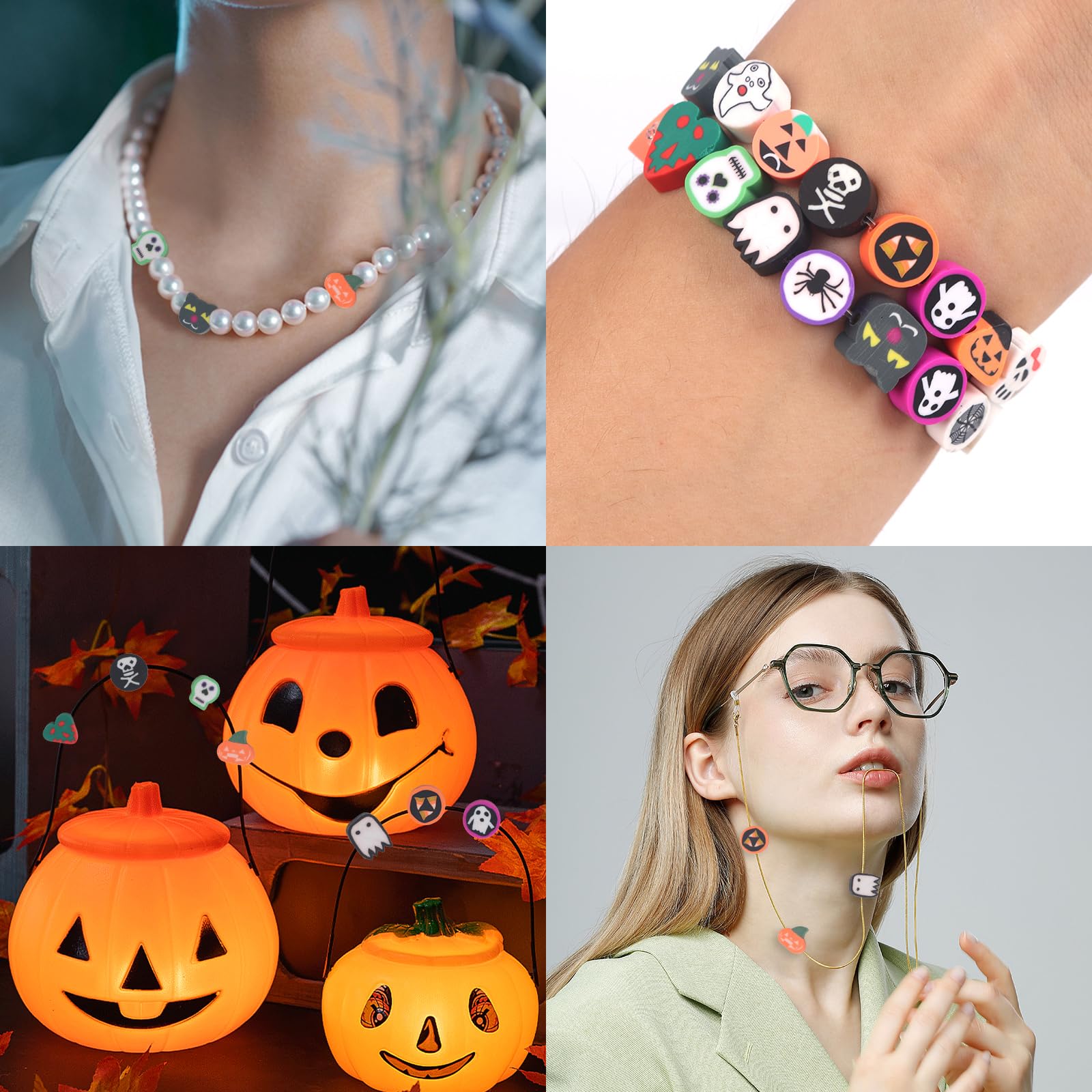 MAIOUSU STORE 200PCS Random Halloween Polymer Clay Beads Heishi Spacer Beads Fall Halloween Clay Bead Set Assorted Pumpkin Ghost Spider Bat Clay Beads for Bracelet Necklace Earring DIY