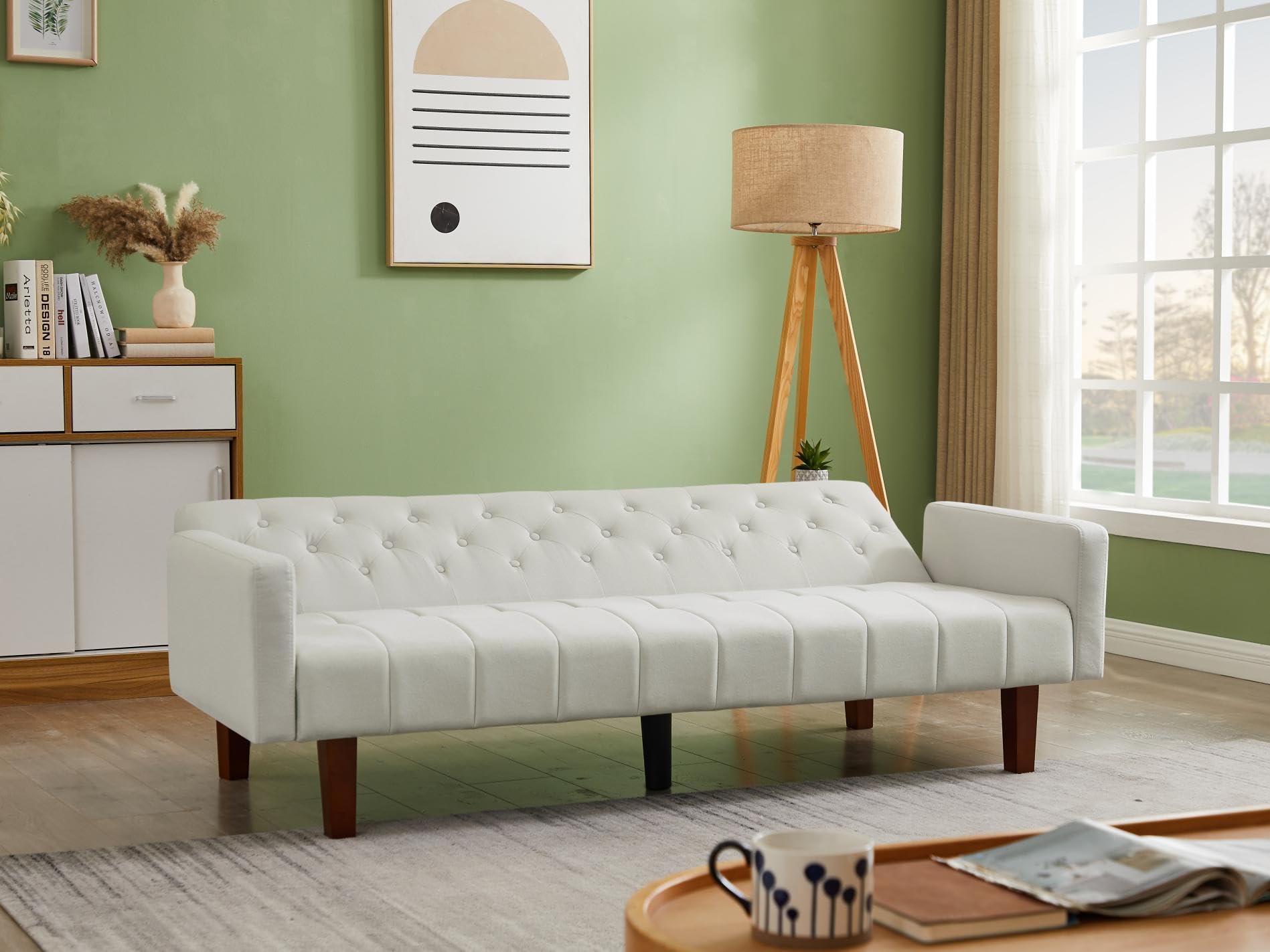 Linen Sofa Bed Sleeper Couch 74.4 Inch Convertible Loveseat Size for Small Space 3 Seater Chesterfield Button Tufted for Office Apartment Dorm Living Room Beige