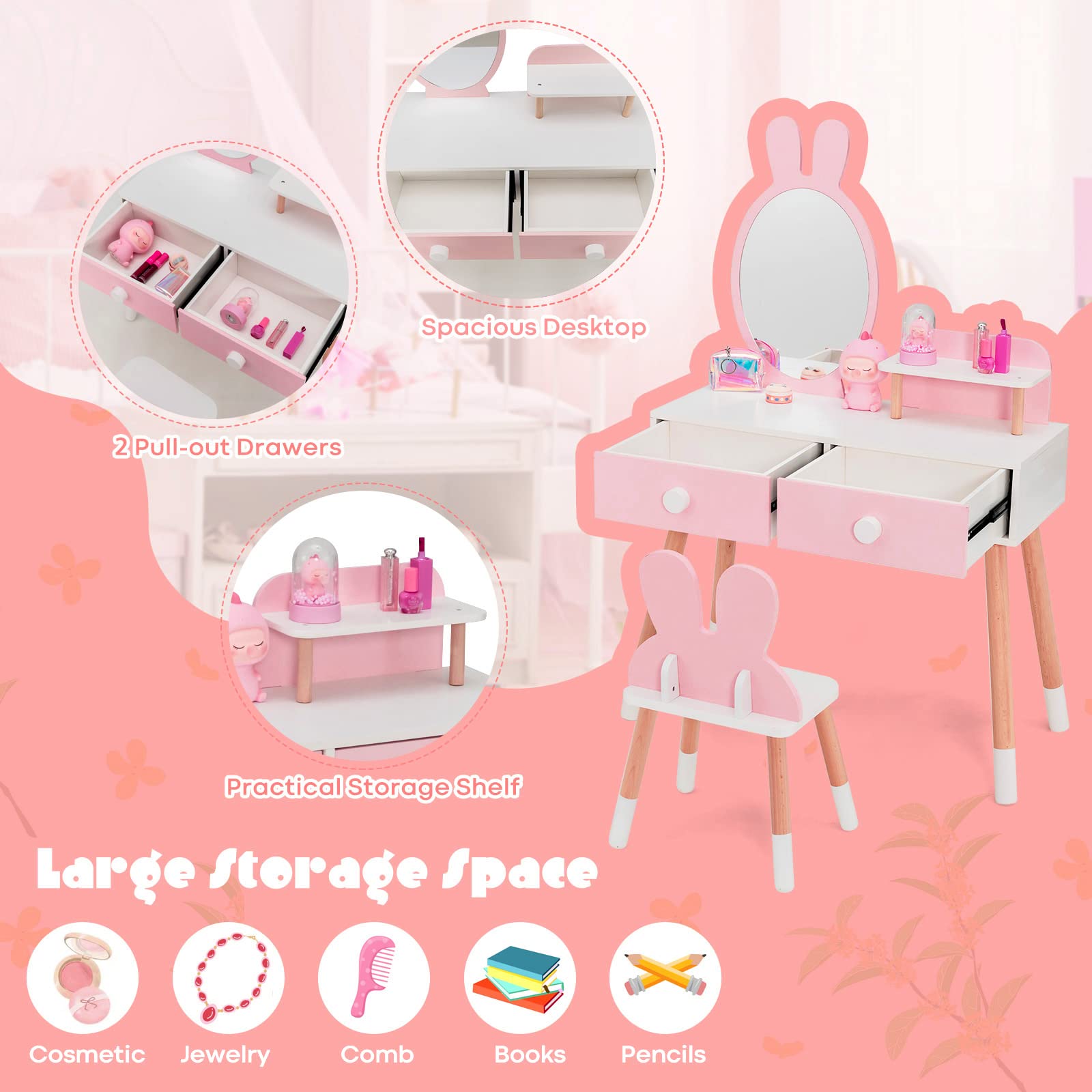 HONEY JOY Kids Vanity, Rabbit Themed Toddler Wooden Makeup Table and Chair Set w/2 Large Drawers, Beech Wood Legs, Princess Dressing Beauty Table, Girls Vanity Set with Mirror and Stool (Pink)