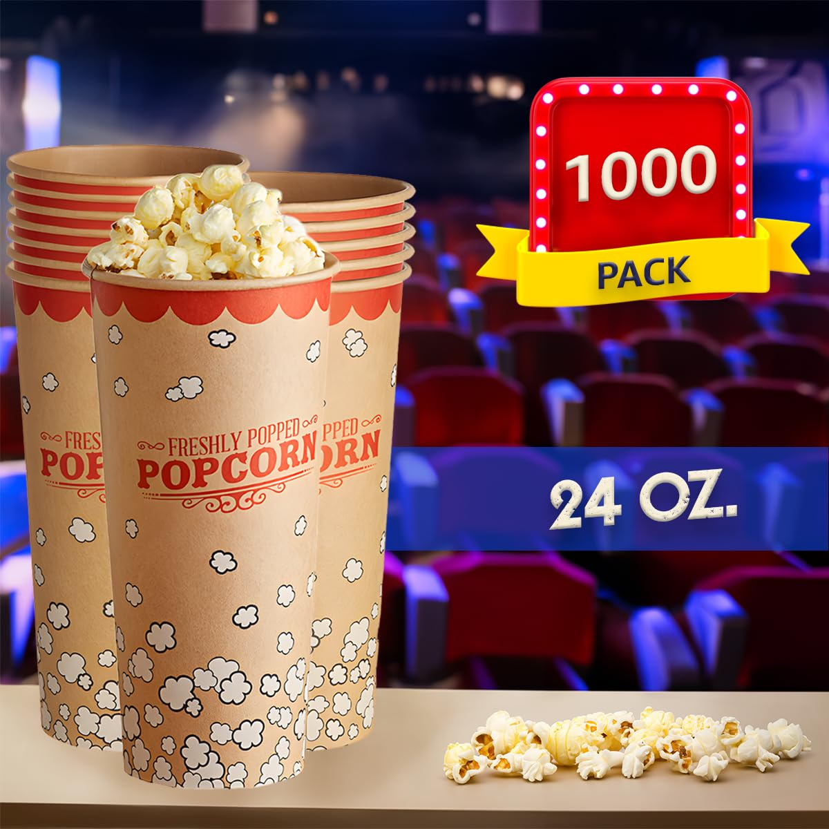 1000 Pack, Kraft 24 oz. Popcorn Cups, Commercial Popcorn Buckets, Popcorn Containers, Disposable Popcorn Buckets, Popcorn Tubs, Ideal for Movie Night, Parties, Cinema, Carnival