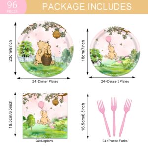 96 Pcs Classic Pooh Bear Party Supplies for Girls 24 Guests Baby Shower Tableware Plates Napkins Cartoon Little Bear Bees Dinnerware Table Decorations Newborn 1st Happy Birthday Party Favor