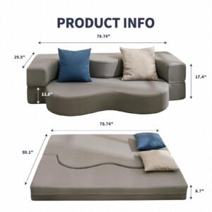 ijuicy Queen Size Convertible Floor Sofa Bed, Futon Sofa Bed Foldable, Foam Folding Mattress Sleeper, Leathaire Fabrics Floor Couch Lounge Sleeper Bed for Small Spaces-Light Grey