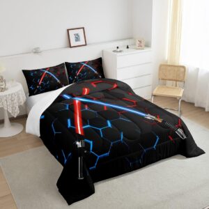 Neon Red Blue Lightsaber Bedding Set Twin Size Geometric Honeycomb Comforter Set 2Pcs for Kids Girls Boys Teens Room Decor Fashion Games Quilt Set Black 3D Hexagon Duvet Insert,1 Pillowcase