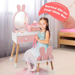 HONEY JOY Kids Vanity, Rabbit Themed Toddler Wooden Makeup Table and Chair Set w/2 Large Drawers, Beech Wood Legs, Princess Dressing Beauty Table, Girls Vanity Set with Mirror and Stool (Pink)