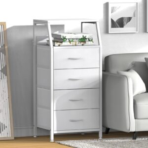 Dresser with 4 Drawers, Fabric Storage Tower for Bedroom, White Clothes Storage Drawers, Vertical Closet Organizer for Kids Room, Entryway, Nightstand Bedside Table, Sturdy Steel Frame & Wooden Top