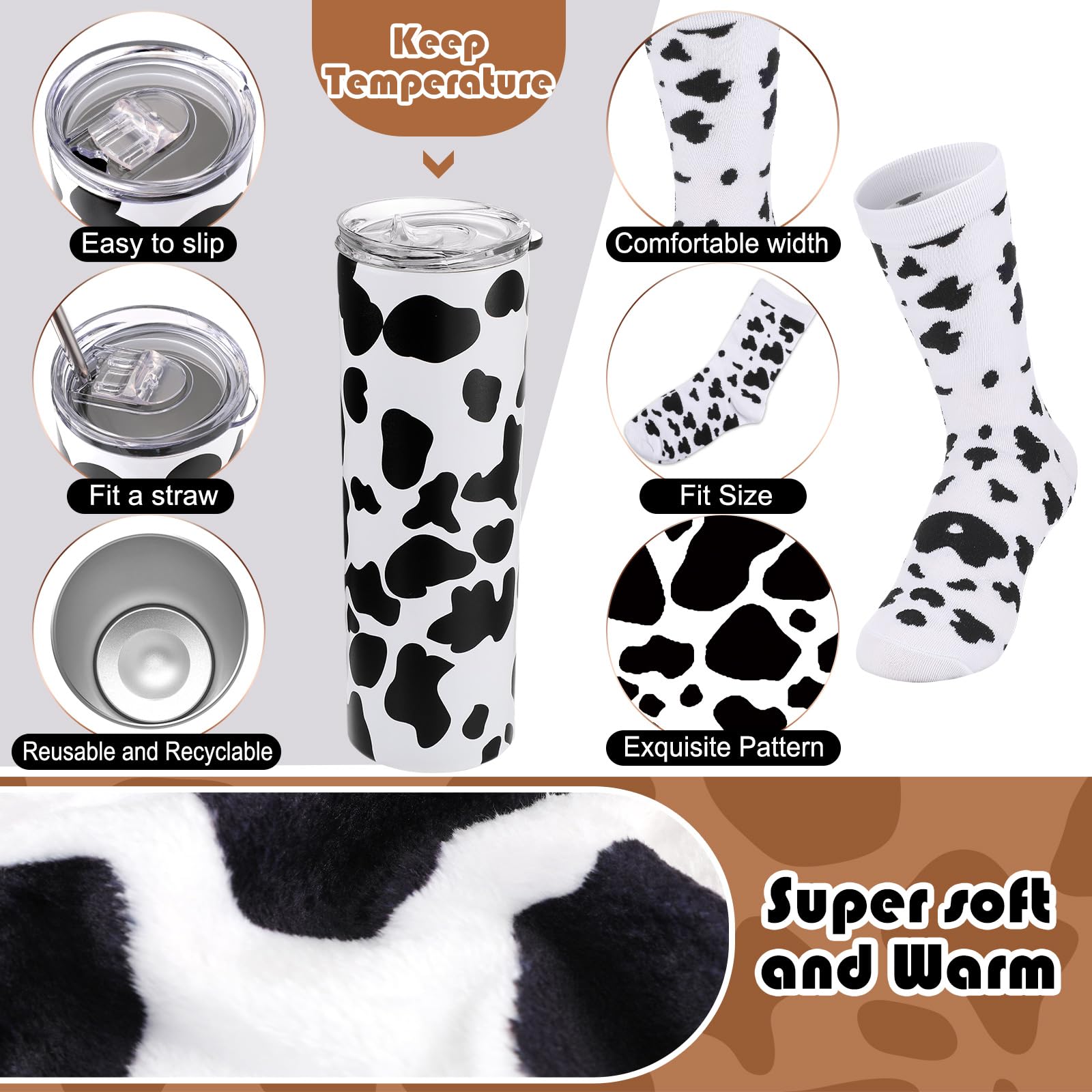 Yaomiao 5 Pcs Cow Gifts Sets for Women Mom Including 20 oz Cow Pattern Stainless Steel Tumbler with Lid Straw Cow Tote Bag Cow Warm Throw Blanket Keychain Cotton Animal Pattern Socks(Black White)