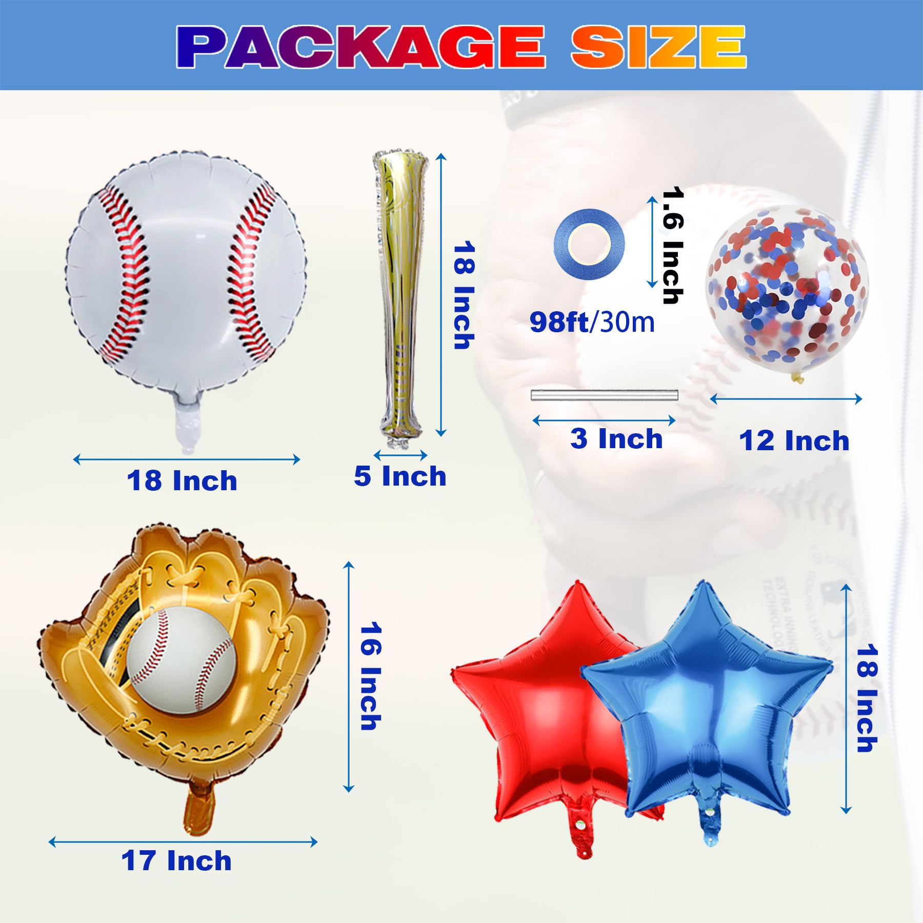 Baseball Party Balloons,Baseball Glove Jumbo Foil Mylar Balloon Baseball Bat Balloons for Birthday Sports Theme Supplies,Confetti Red and Blue white Foil Balloon Supplies Baby Shower Party Decoration