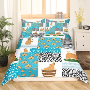 Kawaii Capybara Comforter Cover Cartoon Animal Bed Set, Blue Plaid Checkered Duvet Cover Queen Size Cute Cow Printed Bedding Sets, Lovely Zebra Print Bedspread Cover Breathable for All Seasons