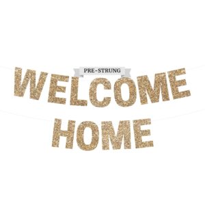 pre-strung welcome home banner - no diy - gold glitter welcome home banner - pre-strung on 8 ft strand - housewarming, homecoming, & military return party decorations & decor. did we mention no diy?