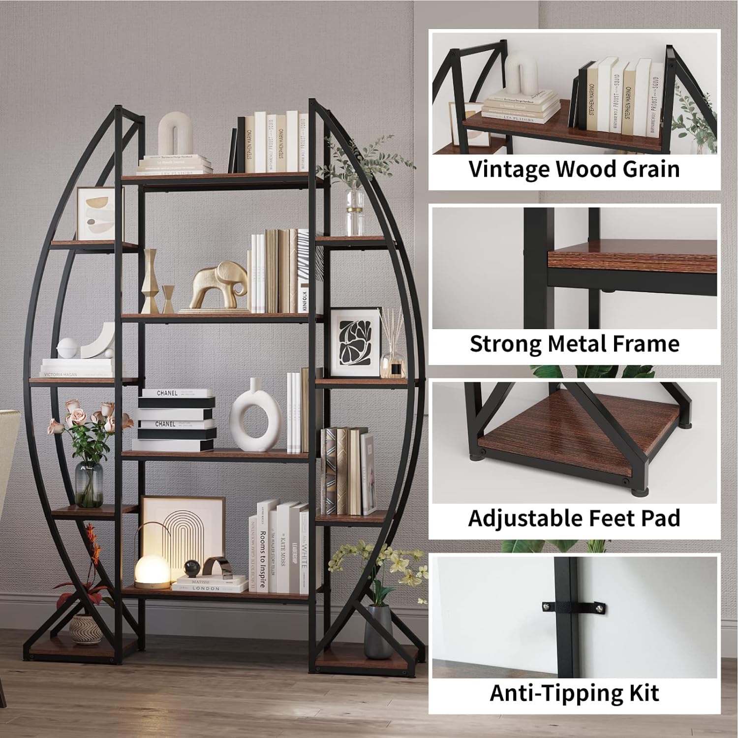 Moozerka Large Oval Bookshelf, 70“ Tall Open 5 Tier Industrial Bookcases, Modern Etagere Bookcase Furniture, Wall Units for Living Room, Bookshelves Display Shelves for Office