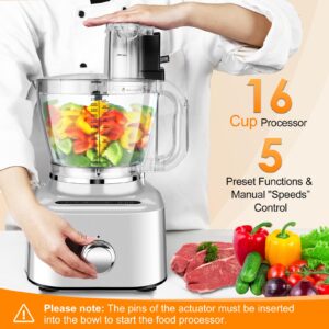 Homtone 16 Cup Food Processor, Aluminum-Diecast Food Processors, 5 Preset Modes Vegetable Chopper Electric, 8 Blades 11 Functions for Home Use, Stepless Speed Control, 650W, Sliver