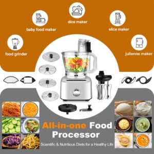 Homtone 16 Cup Food Processor, Aluminum-Diecast Food Processors, 5 Preset Modes Vegetable Chopper Electric, 8 Blades 11 Functions for Home Use, Stepless Speed Control, 650W, Sliver