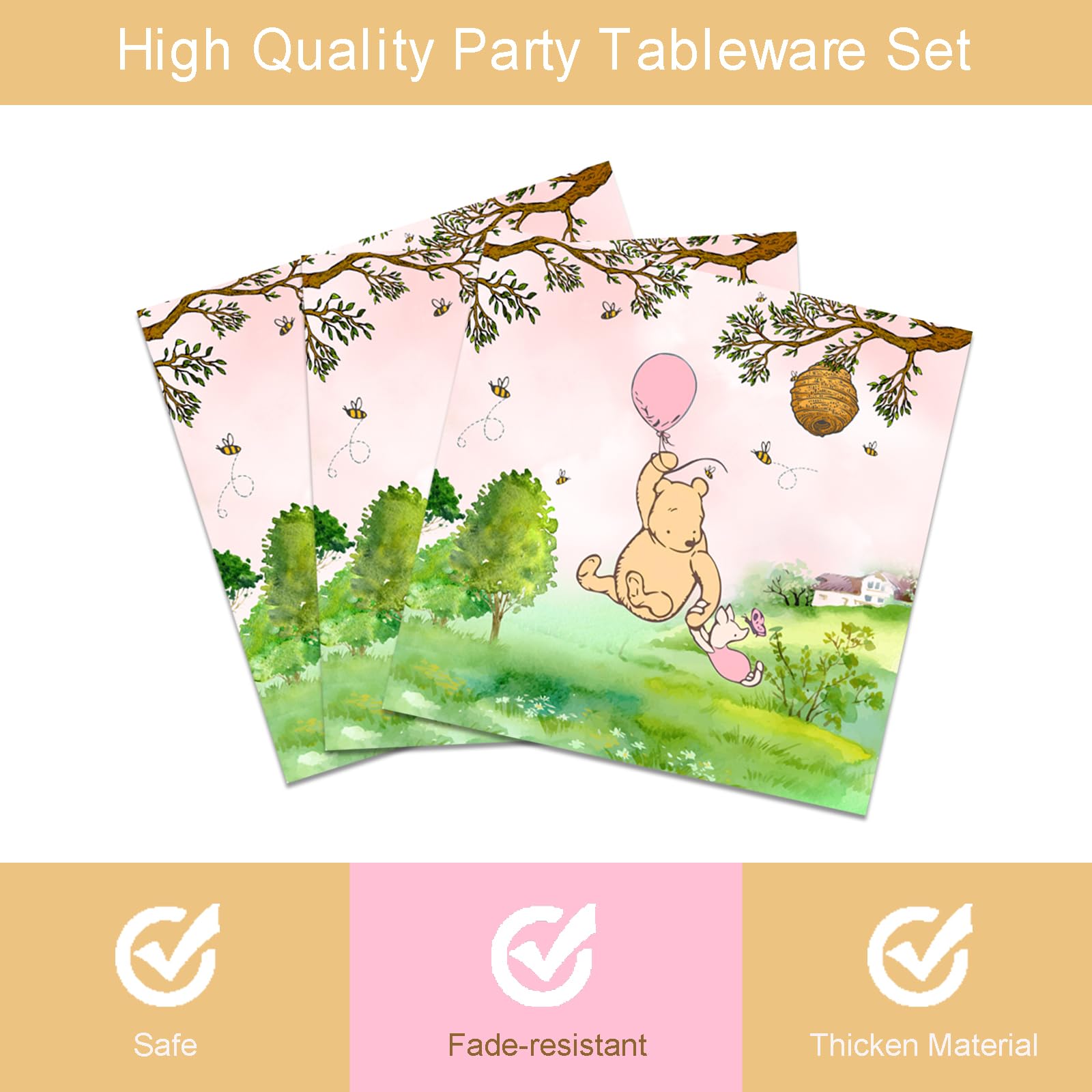 96 Pcs Classic Pooh Bear Party Supplies for Girls 24 Guests Baby Shower Tableware Plates Napkins Cartoon Little Bear Bees Dinnerware Table Decorations Newborn 1st Happy Birthday Party Favor