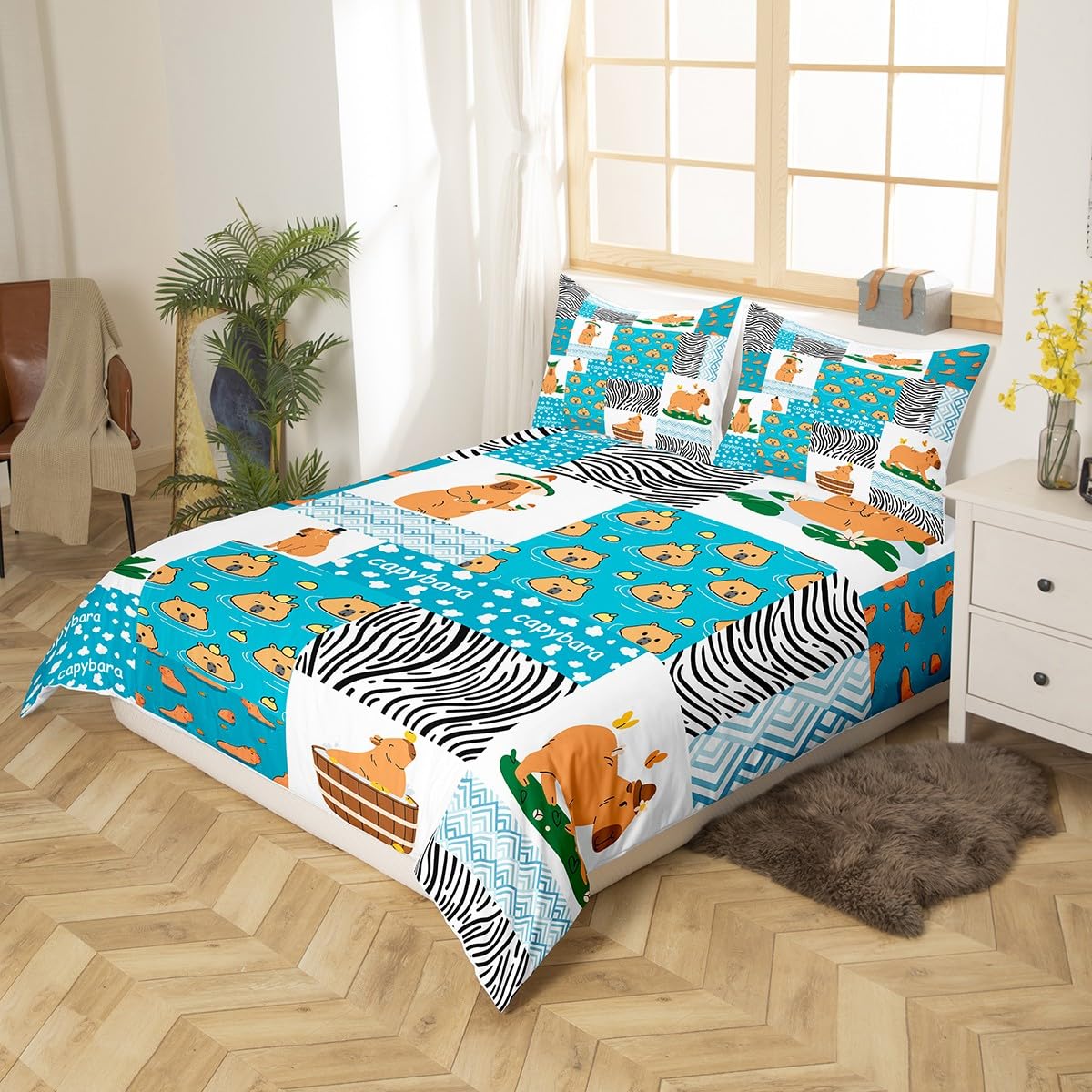 Kawaii Capybara Comforter Cover Cartoon Animal Bed Set, Blue Plaid Checkered Duvet Cover Queen Size Cute Cow Printed Bedding Sets, Lovely Zebra Print Bedspread Cover Breathable for All Seasons