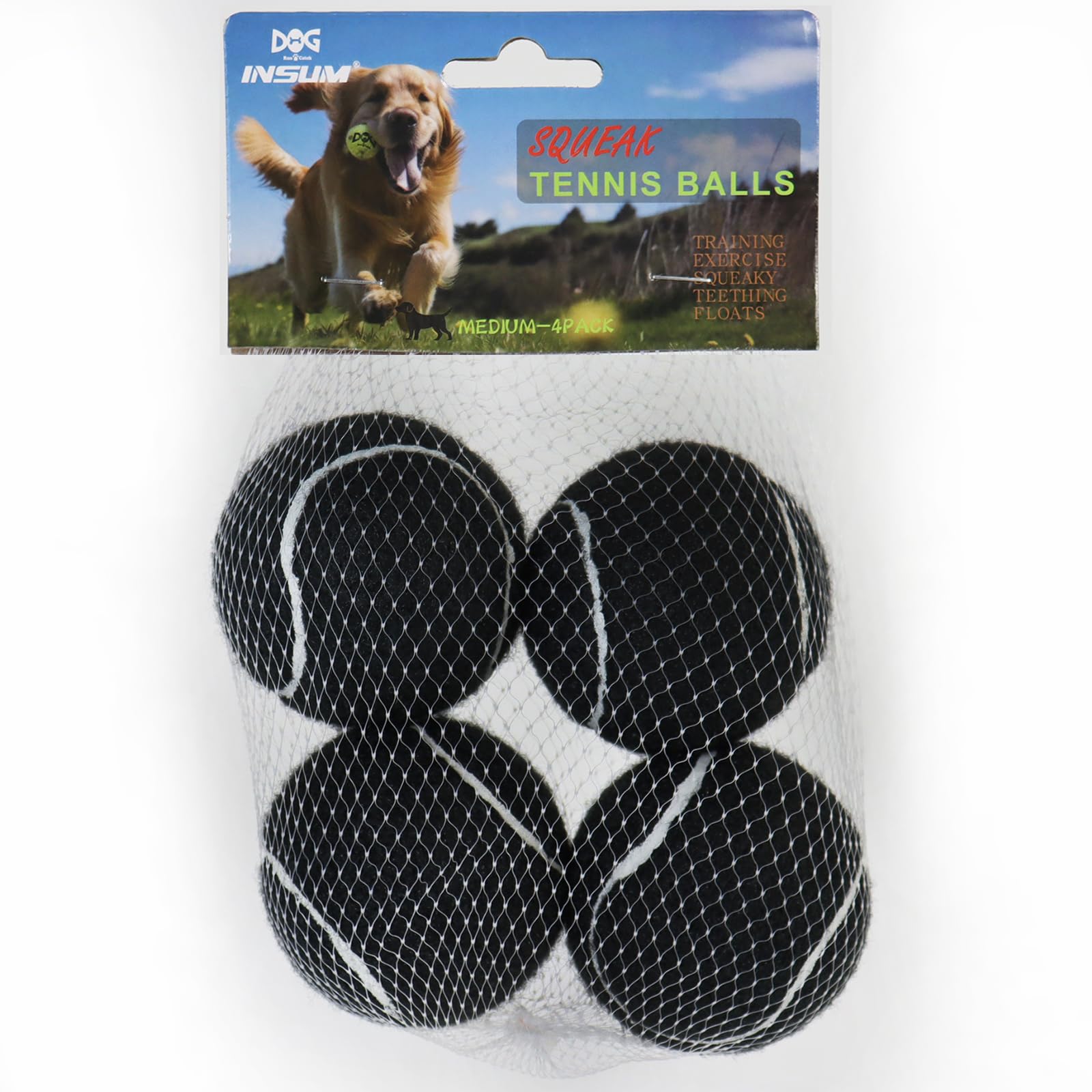 insum Squeaky Tennis Balls for Dogs Colorful Easy Catching Pet Dog Balls 4 Pack (2.5inch-Black)