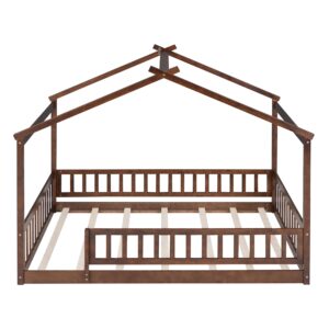 BestLM Full Size Wooden House Bed for Kids, Wood Platform Bed Frame with Fence, Roof, and Safety Guardrail for Kids, Teens, Girls, Boys, Walnut