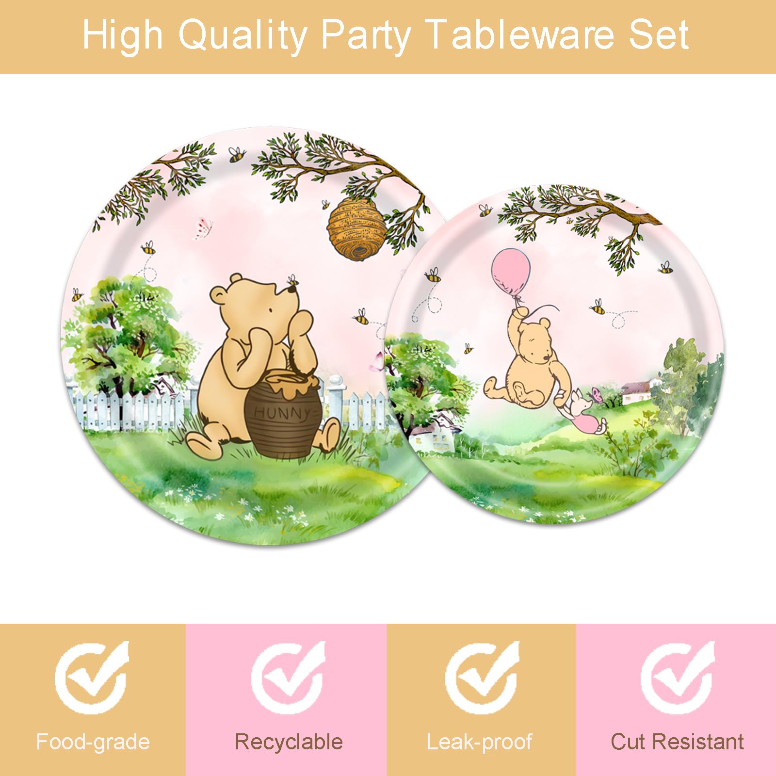 96 Pcs Classic Pooh Bear Party Supplies for Girls 24 Guests Baby Shower Tableware Plates Napkins Cartoon Little Bear Bees Dinnerware Table Decorations Newborn 1st Happy Birthday Party Favor