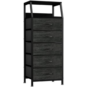 black dresser for bedroom, storage organizer with 5 drawers, vertical fabric storage tower, clothes closet units for kids room, entryway, nightstand bedside table, sturdy steel frame & wooden top