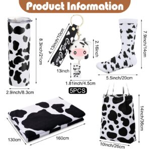 Yaomiao 5 Pcs Cow Gifts Sets for Women Mom Including 20 oz Cow Pattern Stainless Steel Tumbler with Lid Straw Cow Tote Bag Cow Warm Throw Blanket Keychain Cotton Animal Pattern Socks(Black White)