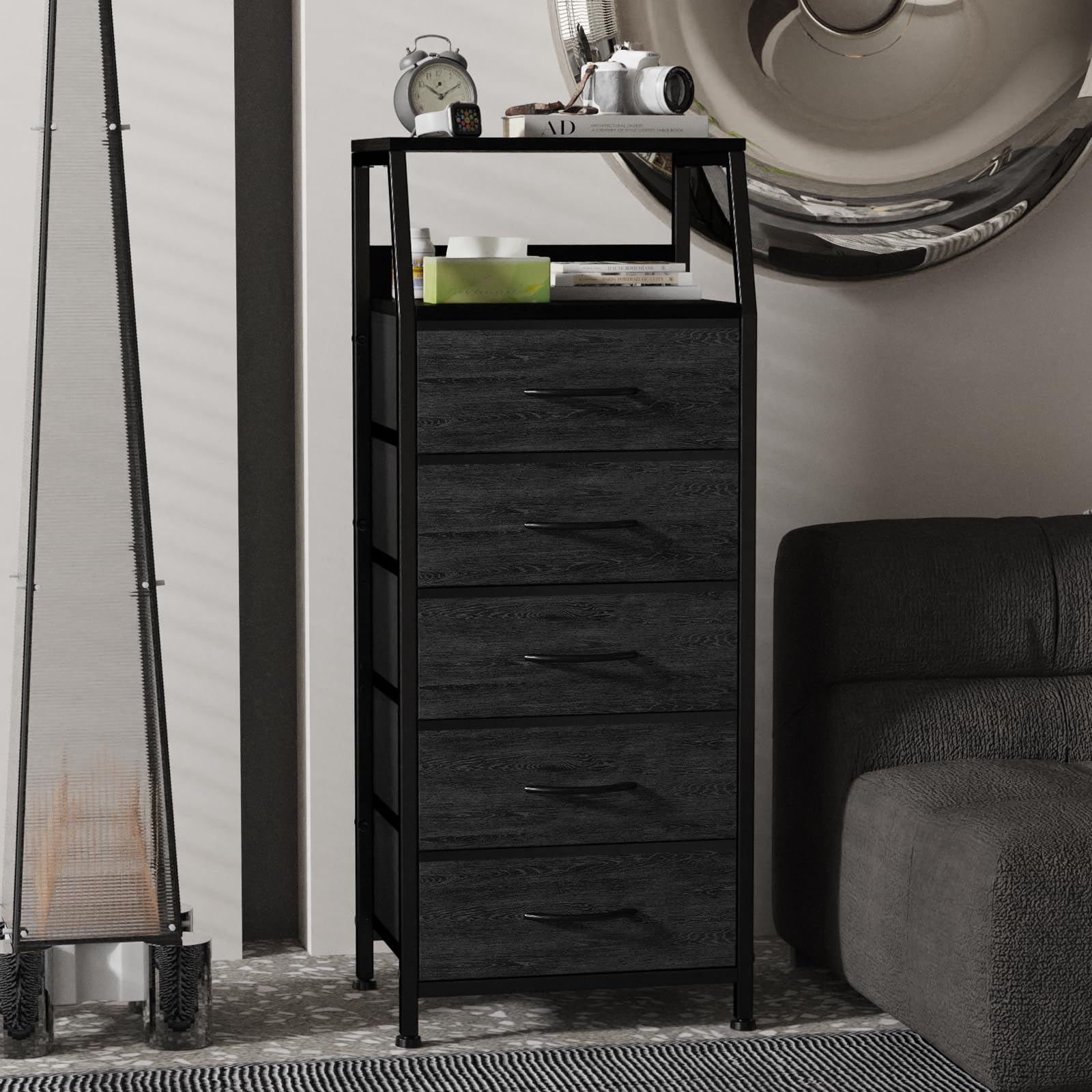 Black Dresser for Bedroom, Storage Organizer with 5 Drawers, Vertical Fabric Storage Tower, Clothes Closet Units for Kids Room, Entryway, Nightstand Bedside Table, Sturdy Steel Frame & Wooden Top