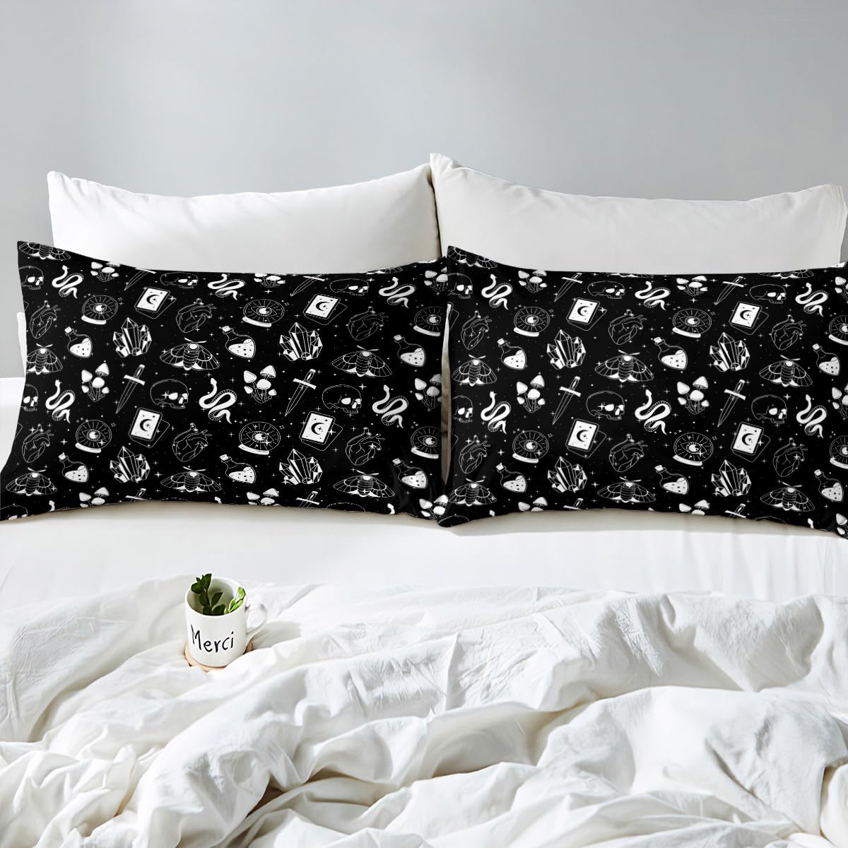 Gothic Skull Bedding Set King Size for Woman Men,Skull Skeleton Hippie Mushroom Plant Comforter Cover with 2 Pillowcases,Moth Stars Shiny Galaxy Halloween Duvet Cover Set Microfiber Quilt Cover